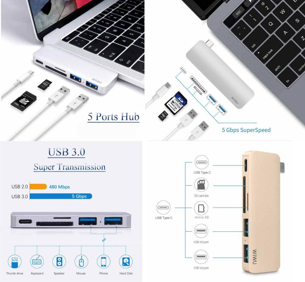 C- Type to Multi-converter (5 in 1), T6 USB Hub with 5 in 1 Power ...