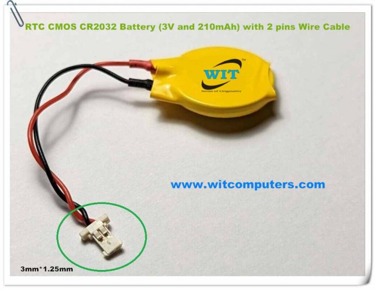 RTC BIOS CMOS CR2032 Battery (3V and 210mAh) with 2 pins Wire Cable (measure ~2.6 inches ...