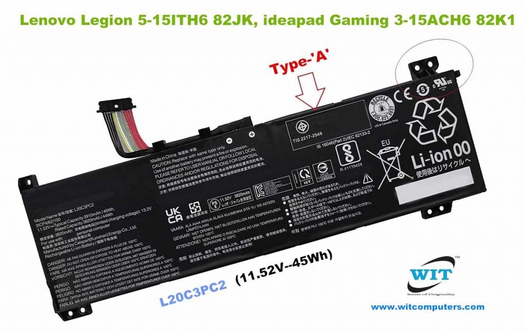 L20C3PC2, L20D3PC2, L20M3PC2, L20M4PC0 Laptop internal Battery for ...